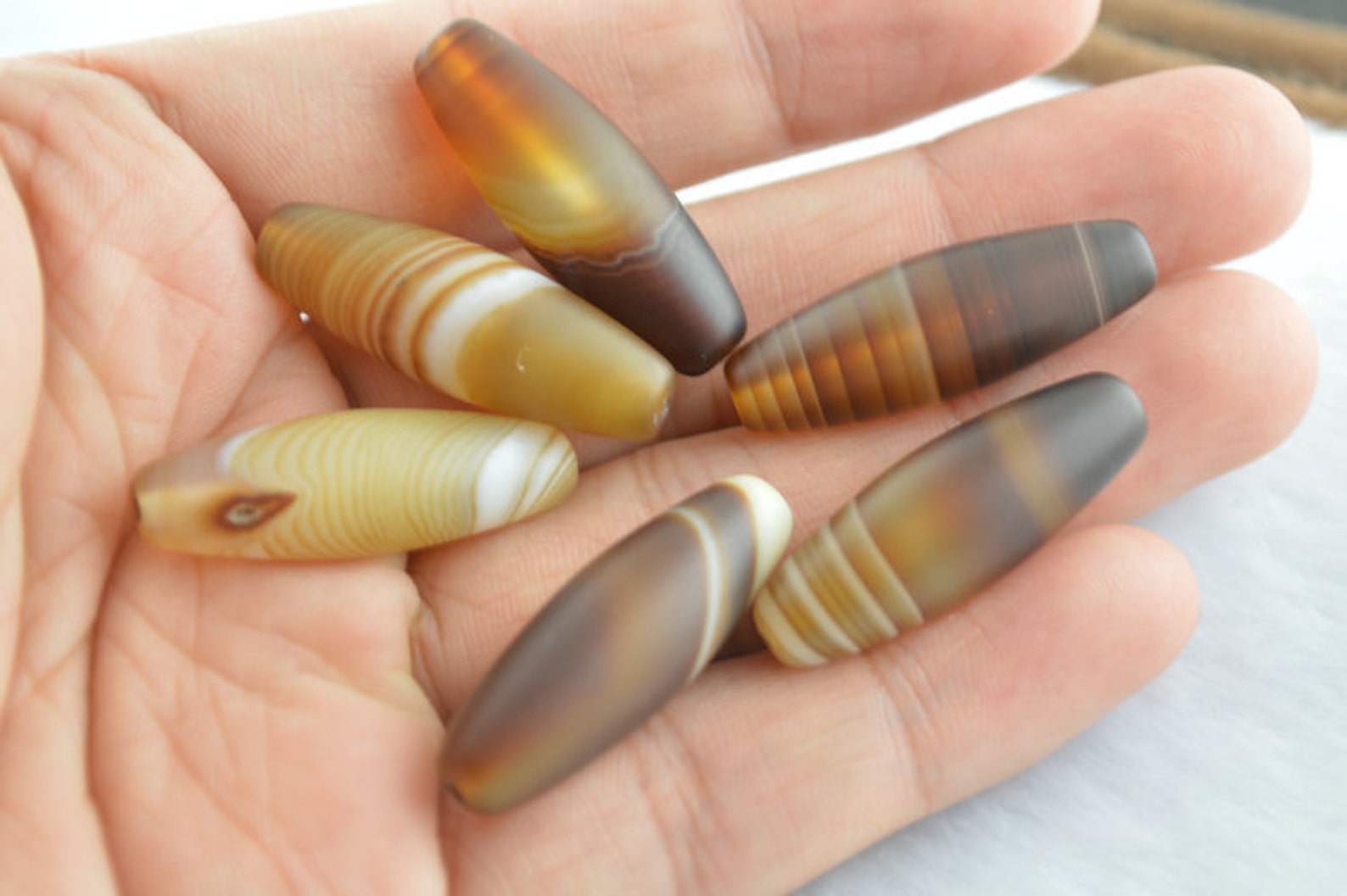5pc 10x30mm Matte Banded Coffee Agate Long Barrel Tube Tibetan DZI ...
