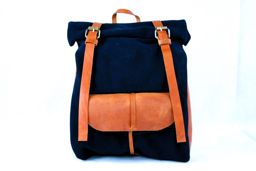 Roll Top Backpack With Front Pocket - Fully Handmade From Blue Suede ...