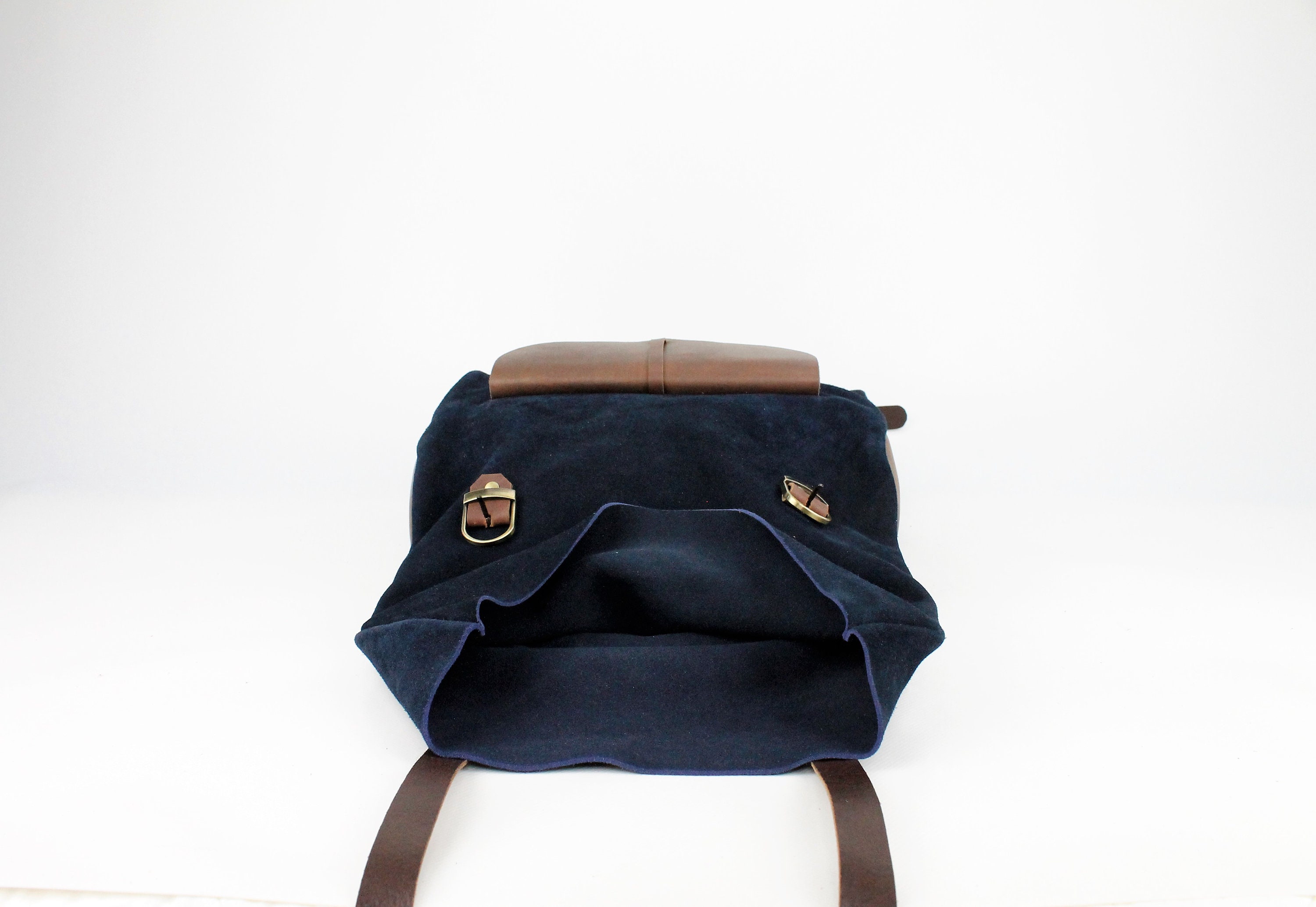 Navy Blue Suede Leather Roll Backpack With Pocket - Etsy