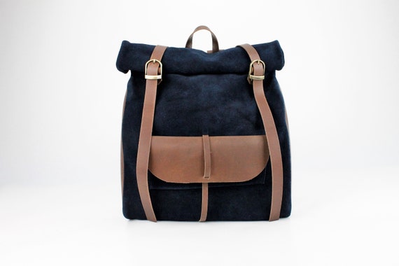 Navy Blue Suede Leather Roll Backpack With Pocket | Etsy