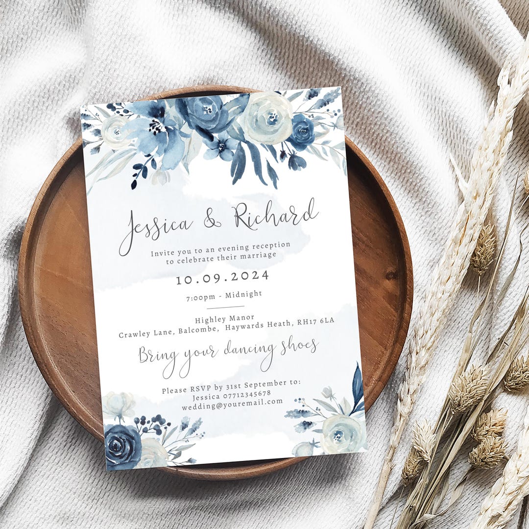 Elegant Moonlight Blue Floral Wedding Invitation for Evening Reception ...