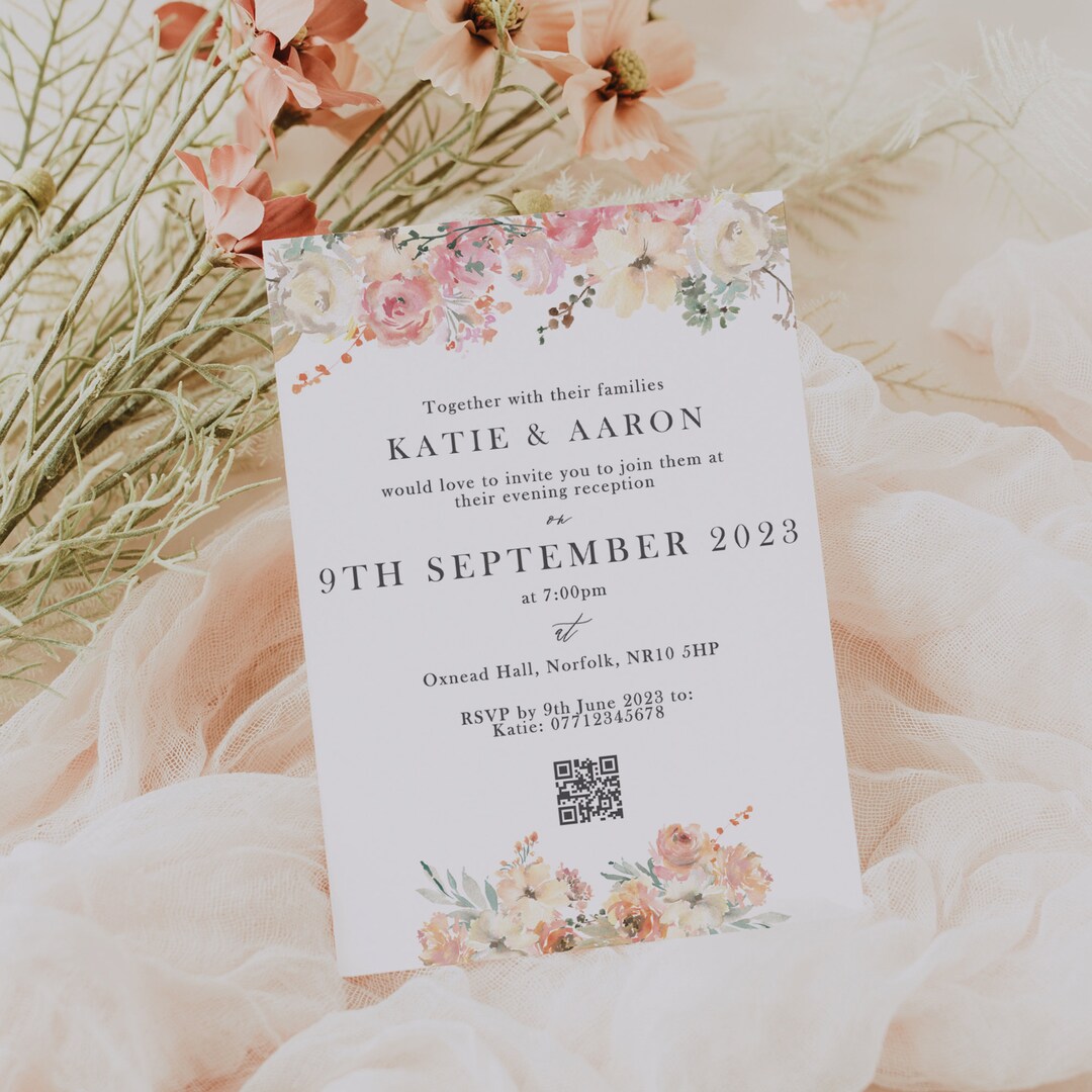 Peach Floral Wedding Invitation, Floral Wedding Invitations, Evening ...