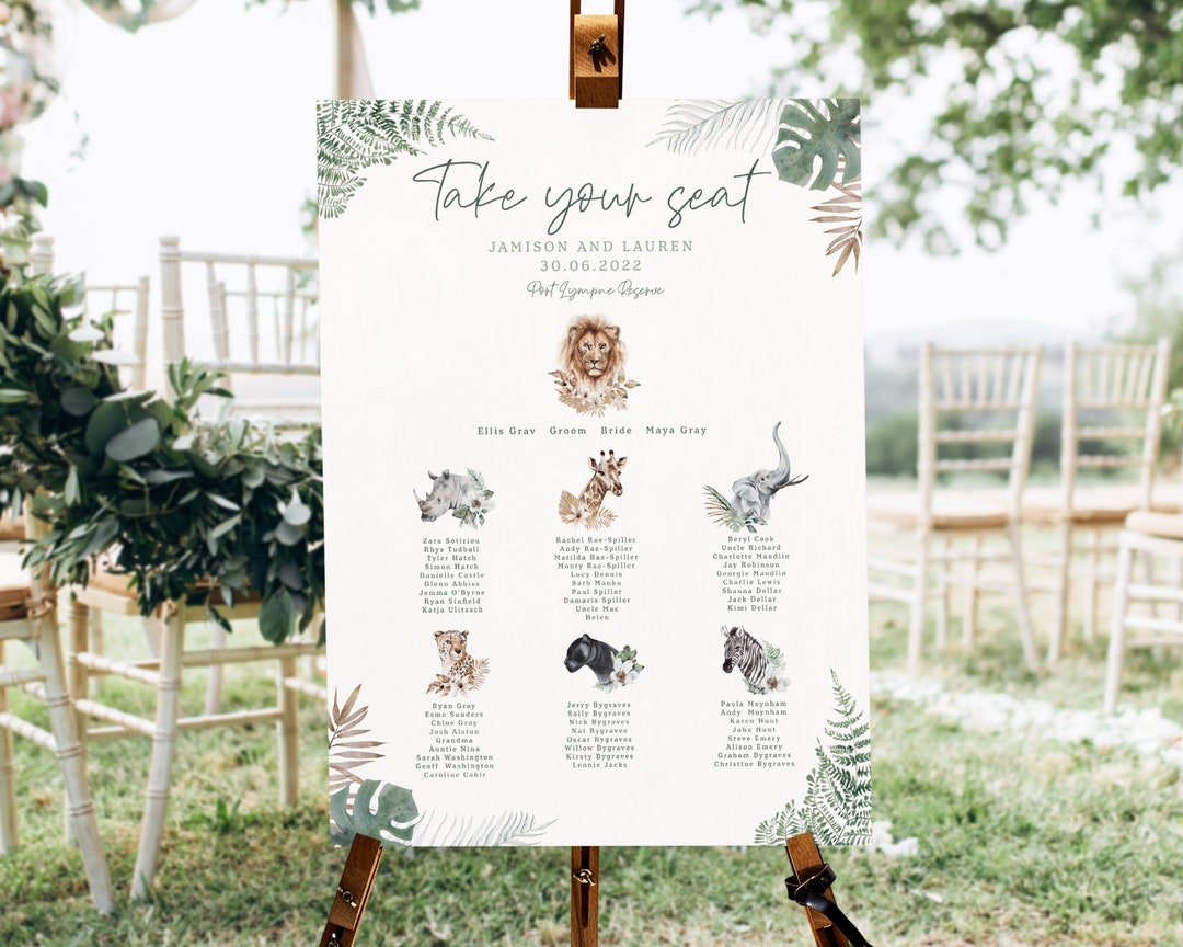 Animal Safari Wedding Seating Plan, Zoo Find Your Seat Sign, Animal ...