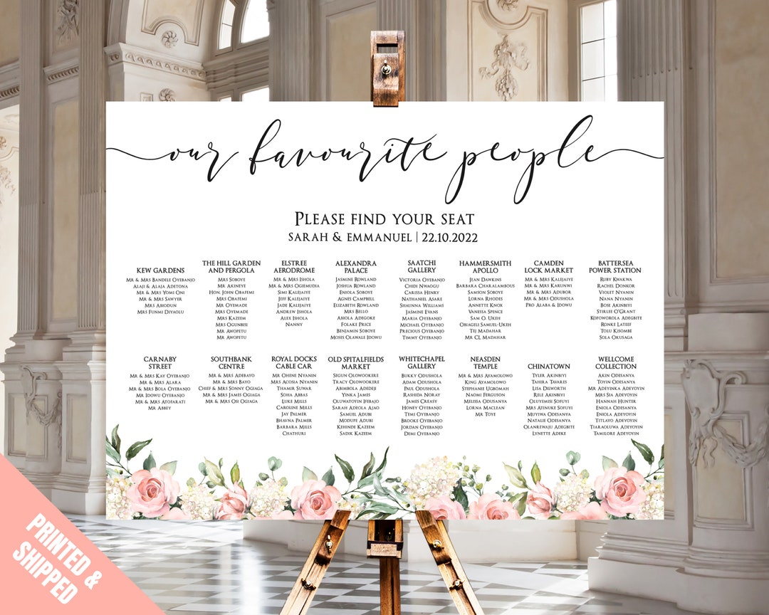 Our Favourite People Table Plan, Blush Floral Wedding Seating Chart ...
