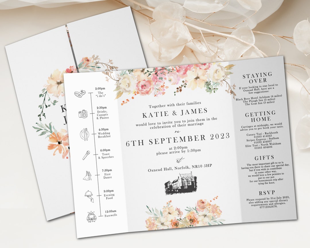 Peach Floral Wedding Invitation, Gatefold Wedding Invites, Blush Folded ...