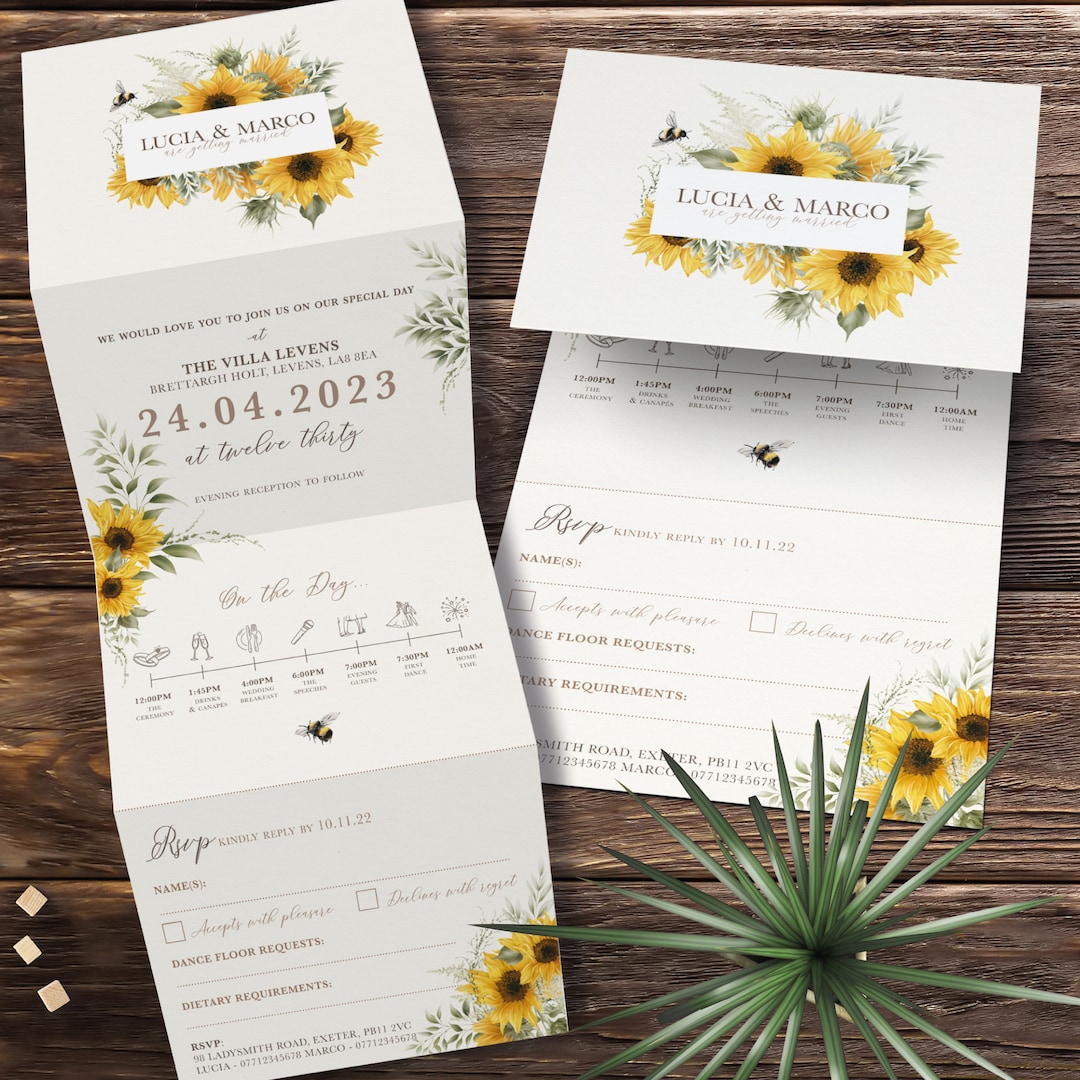 Sunflower Wedding Invitation, Sunflower and Bee Folded Wedding ...