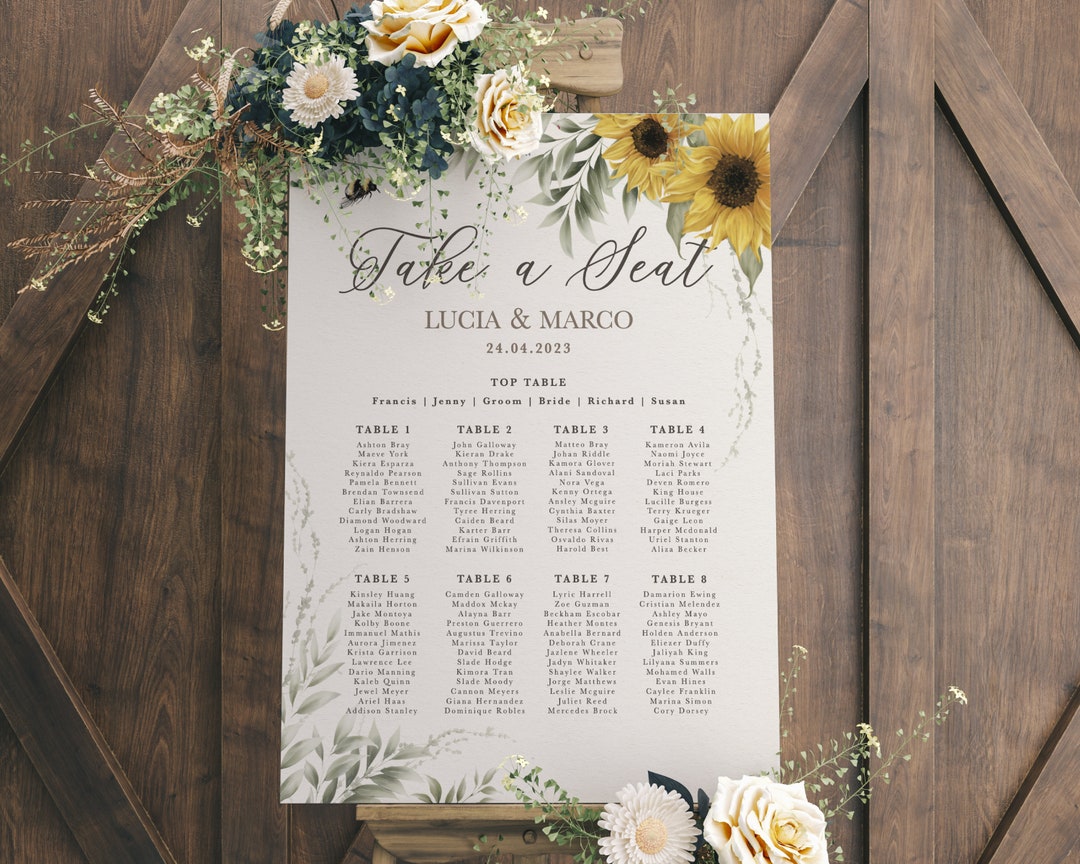 Sunflower Seating Chart, Sunflower Wedding Table Plan, Yellow Floral ...
