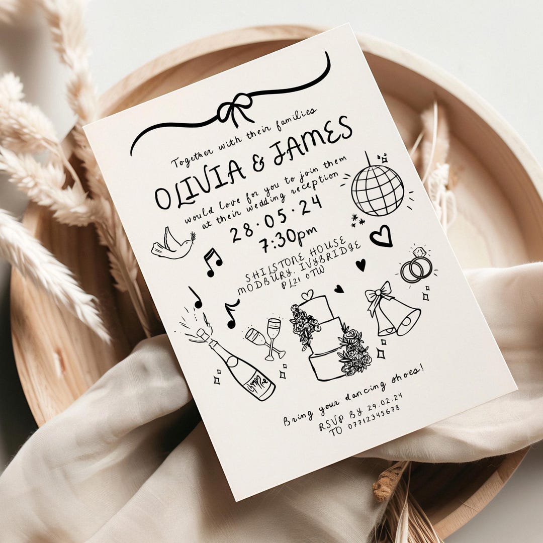 Hand Drawn Doodle Wedding Invitation, Personalised Scribble Evening ...