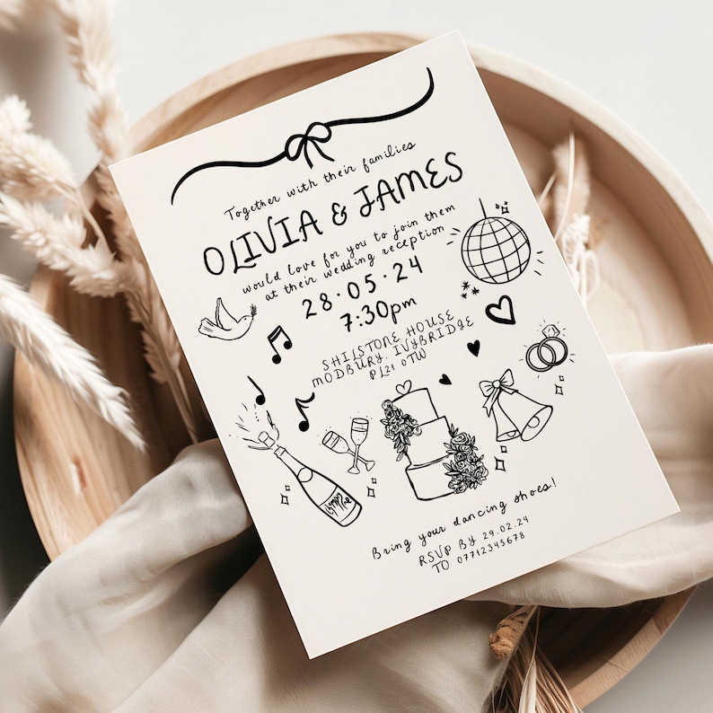 Hand Drawn Doodle Wedding Invitation, Personalised Scribble Evening ...