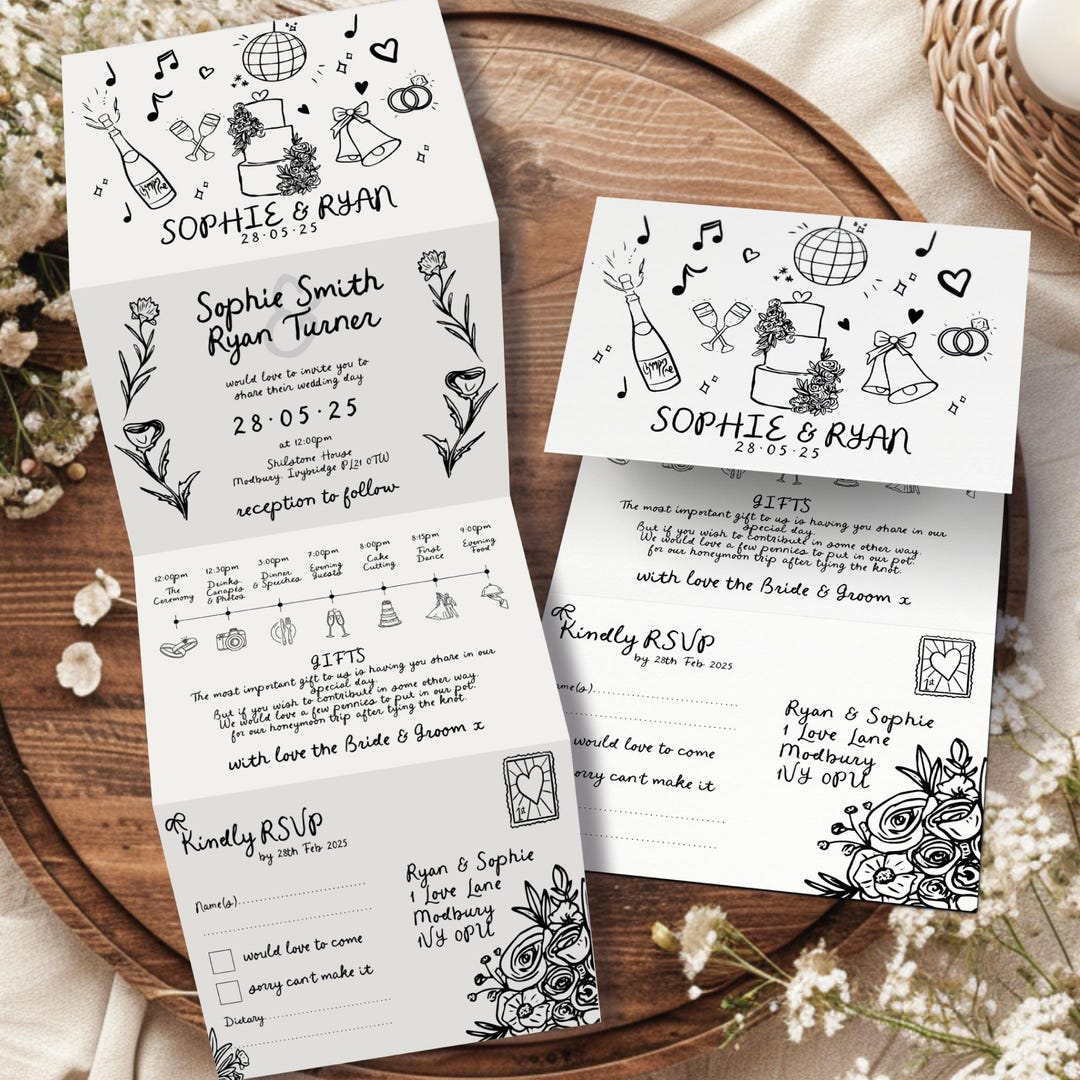 Hand Drawn Doodle Wedding Invitation • Scribble Tri Fold Invites With ...