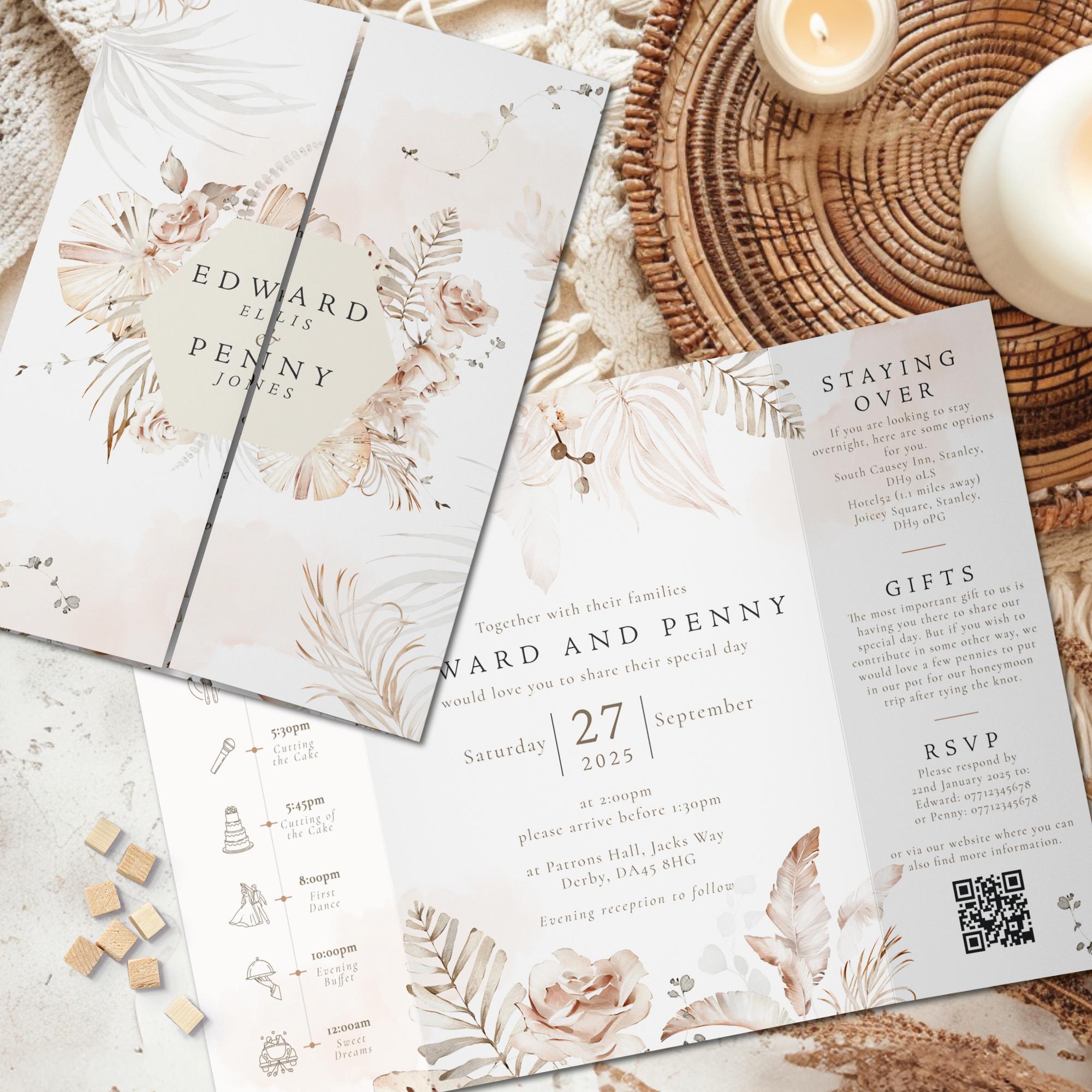 Boho Neutral Floral Gatefold Wedding Invitation | Rustic Chic Wedding Stationery | Custom ...