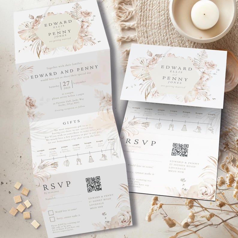 Boho Neutral Floral Gatefold Wedding Invitation | Rustic Chic Wedding Stationery | Custom ...