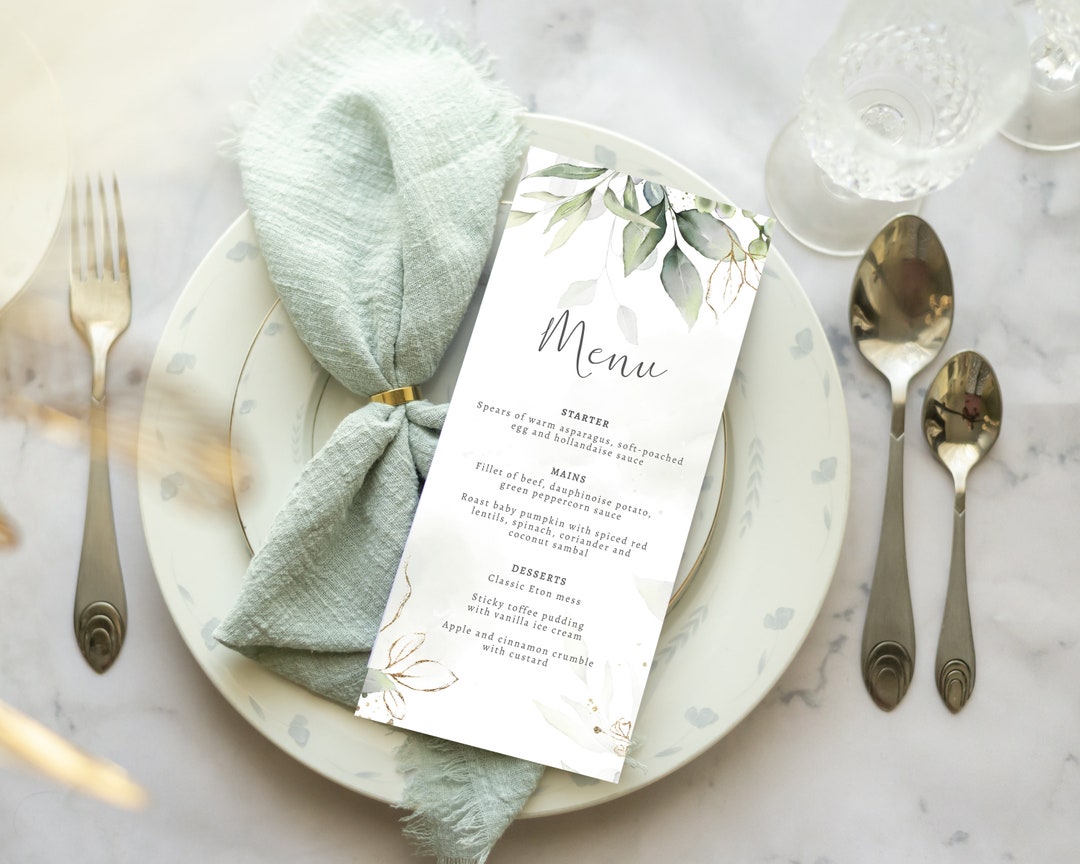 Gold Leaf Wedding Menu, Foliage Wedding Menus, Eucalyptus Wedding Menus ...