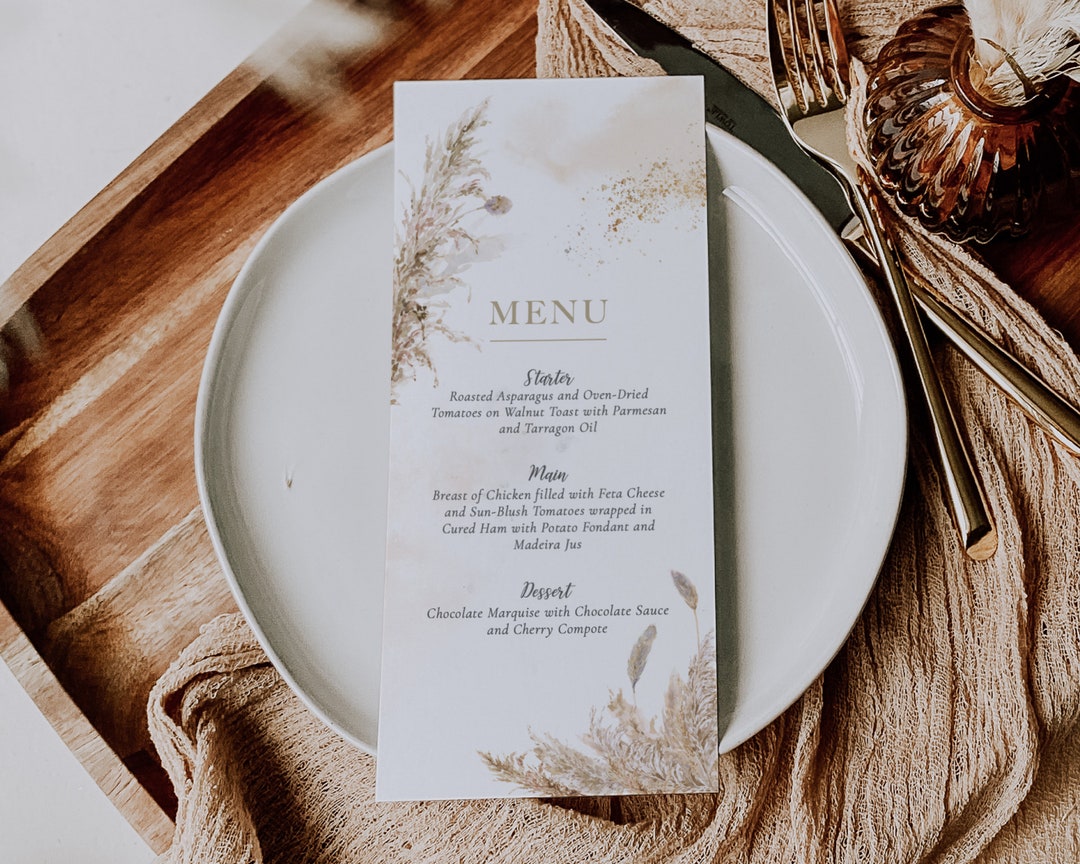Pampas Wedding Menu, Boho Wedding Menus, Wedding Breakfast Menu Cards ...