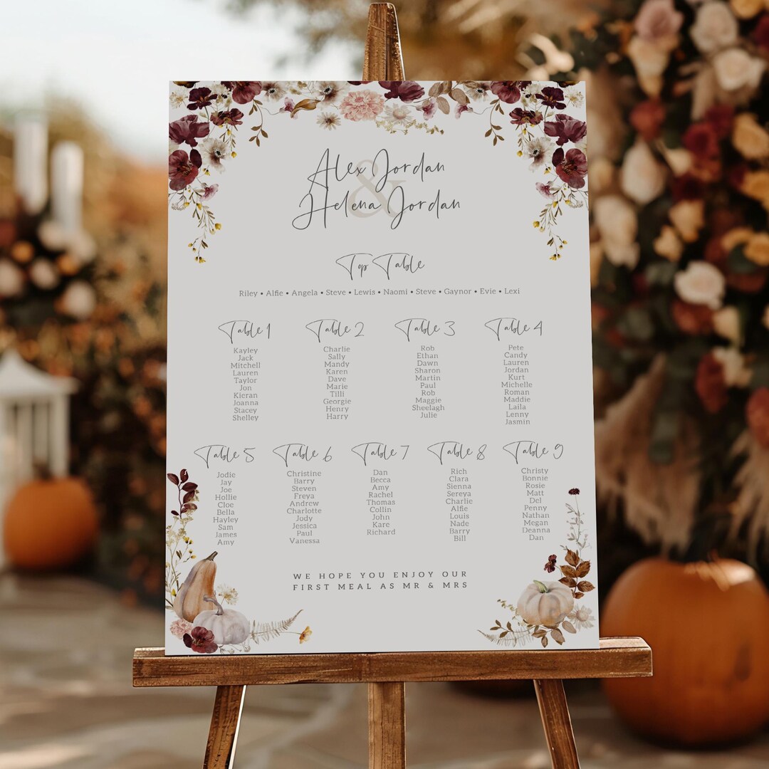 Whimsical Fall Wedding Table Plan, Rustic Autumn Seating Chart ...