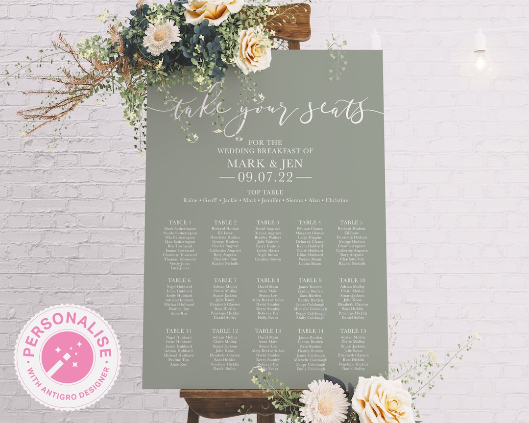 Simple Sage Seating Chart Sign, Minimalist Wedding Table Plan Sign ...