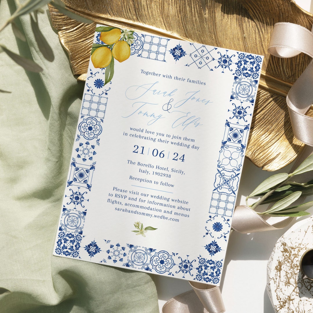 Mediterranean Tile Wedding Invitation, Blue Tile Wedding Invites ...