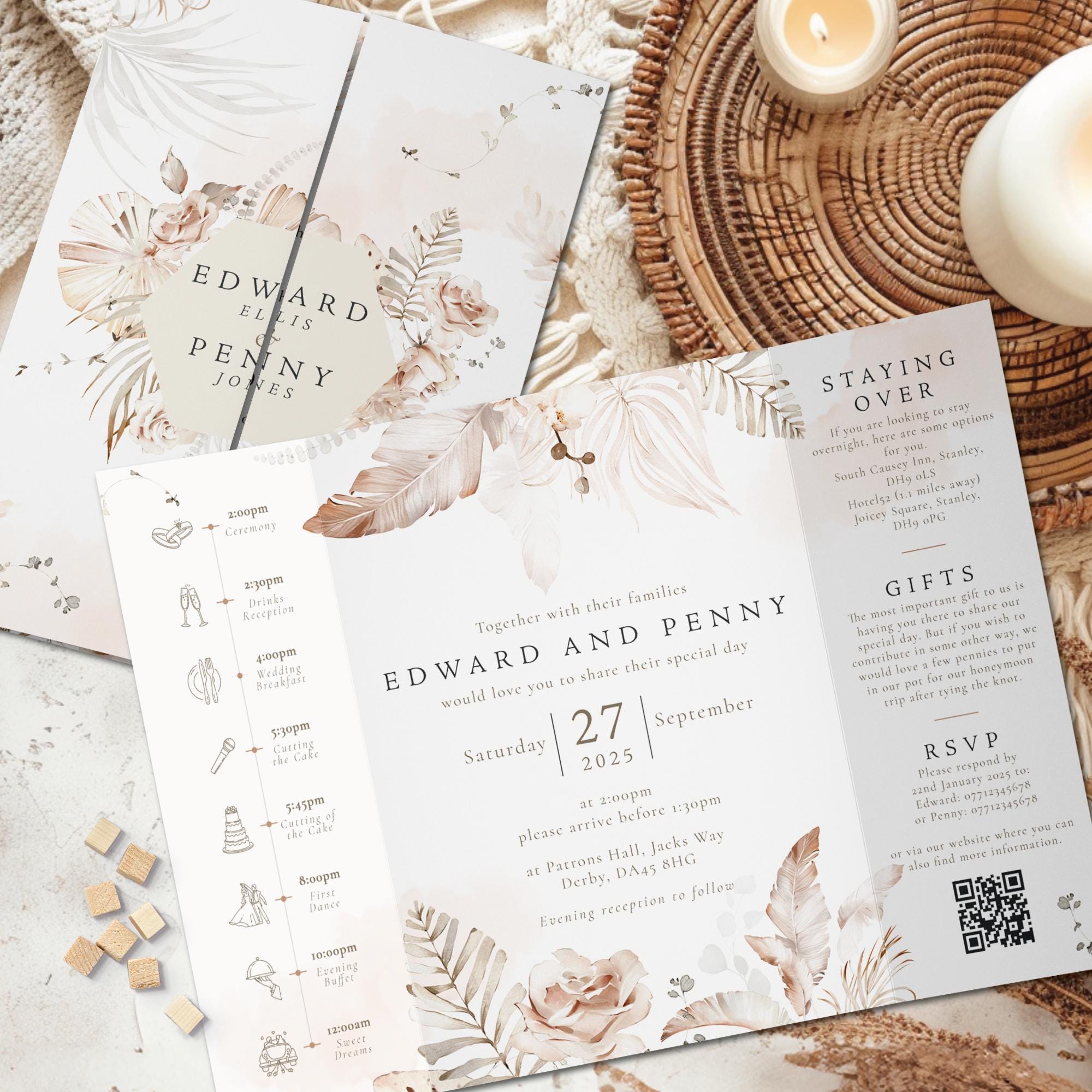 Boho Neutral Floral Gatefold Wedding Invitation | Rustic Chic Wedding ...