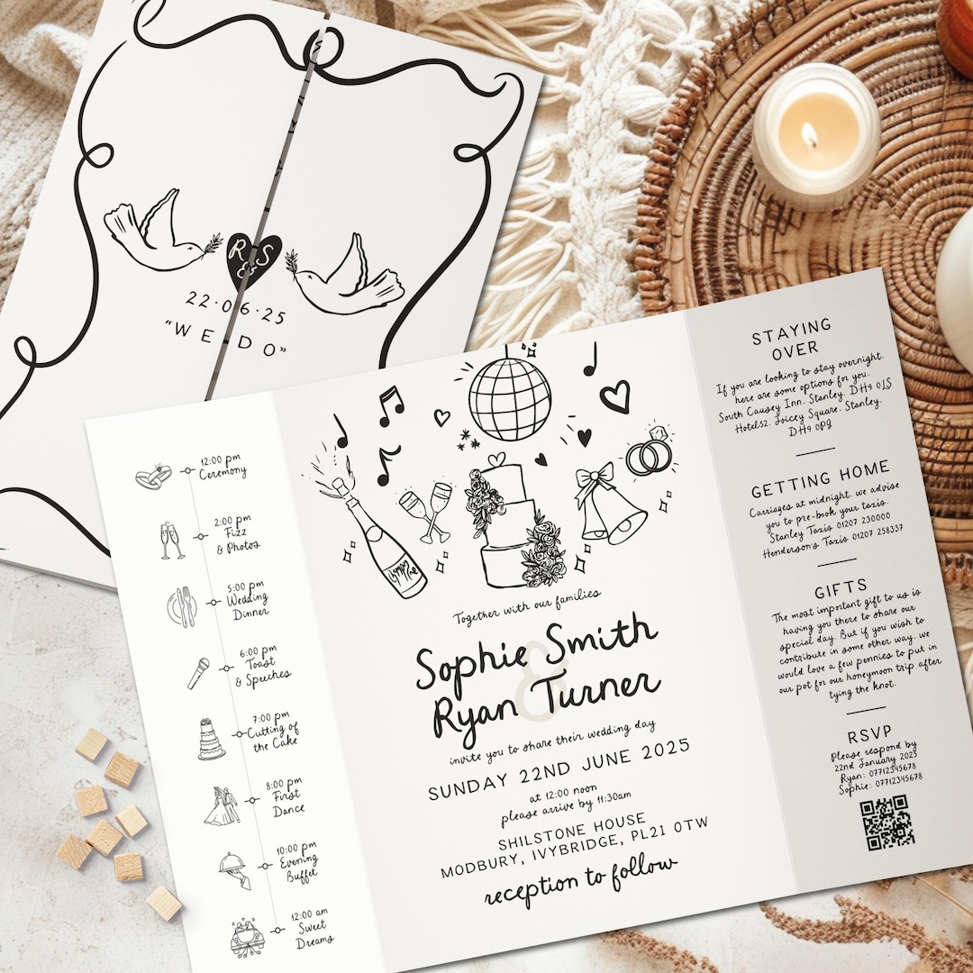 Fun Hand Drawn Wedding Invitation, Doodle & Scribble Wedding Invite ...