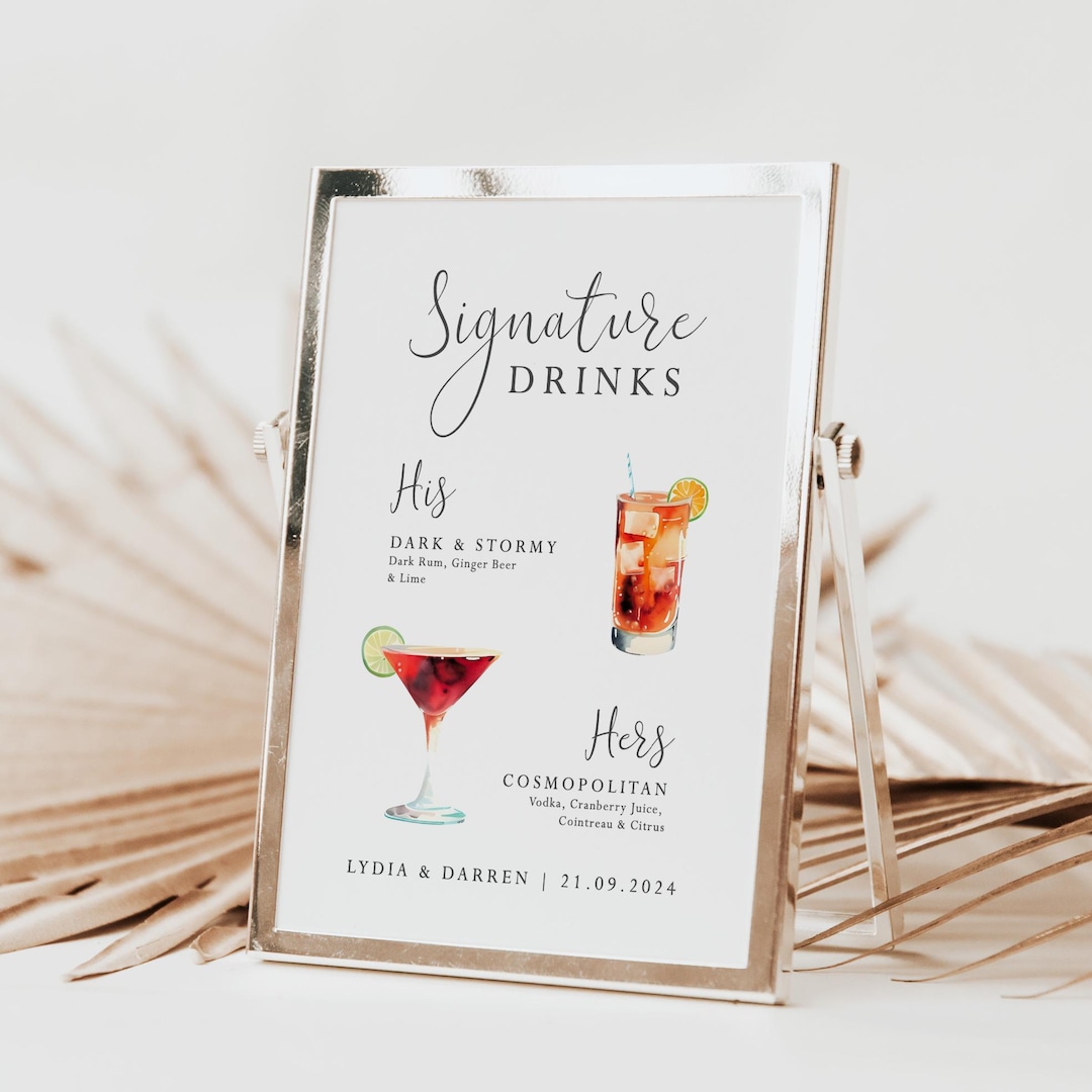 Printed Signature Drinks Wedding Sign • His & Hers Cocktails • Cocktail ...