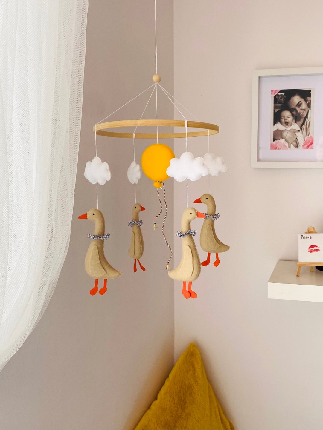 Nursery Goose Decor - Baby Mobile Goose and a Yellow Hot Air Balloon ...