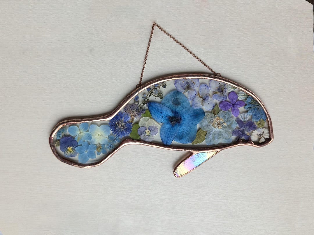 Manatee Art Suncatcher With Pressed Flowers, Handmade Manatee Stained ...