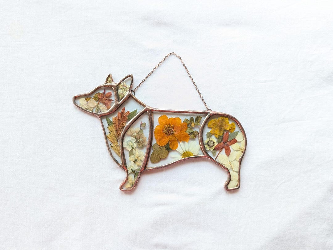 Corgi Stained Glass With Pressed Flowers, Corgi Suncatcher, Handmade ...