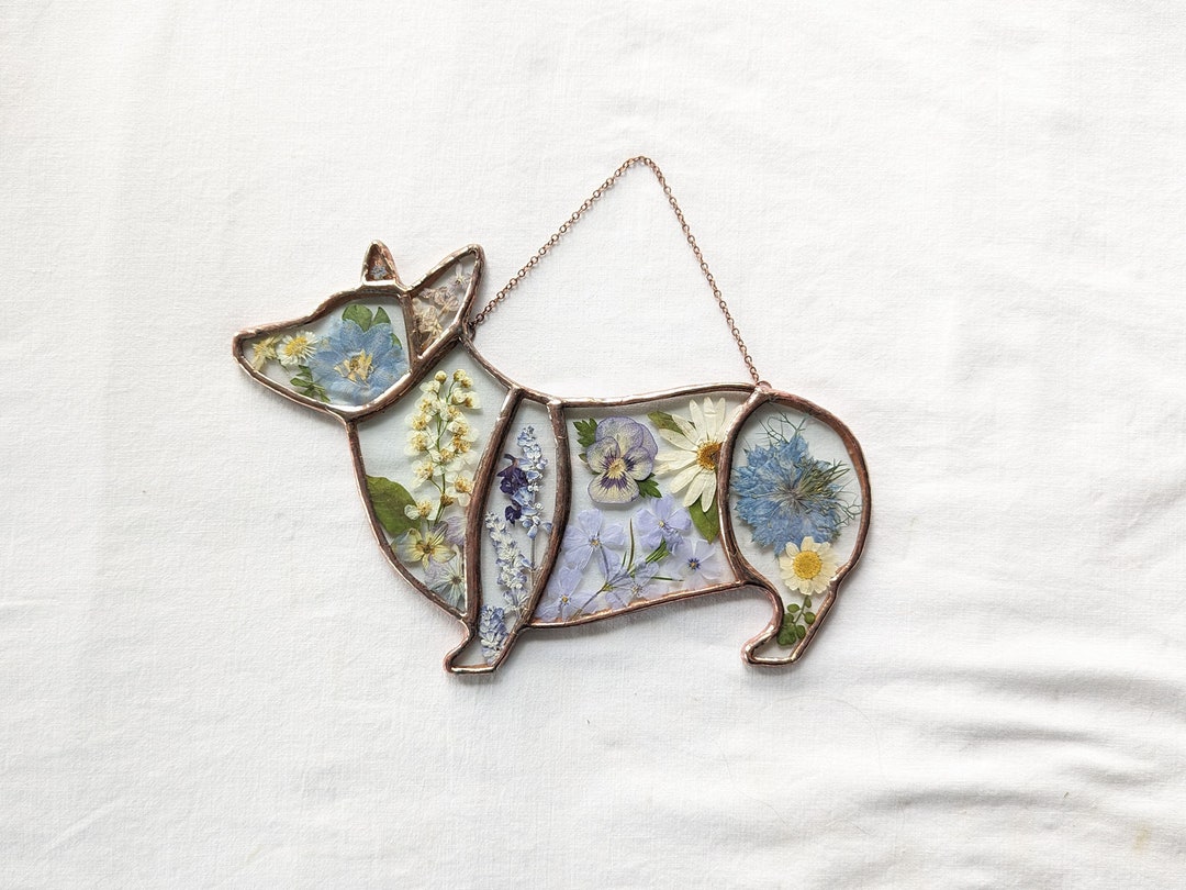 Corgi Stained Glass With Pressed Flowers, Corgi Suncatcher, Handmade ...