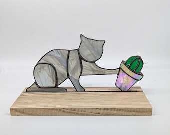 Stained Glass Siamese Cat Knocking Over a Plant, Suncatcher With Stand ...