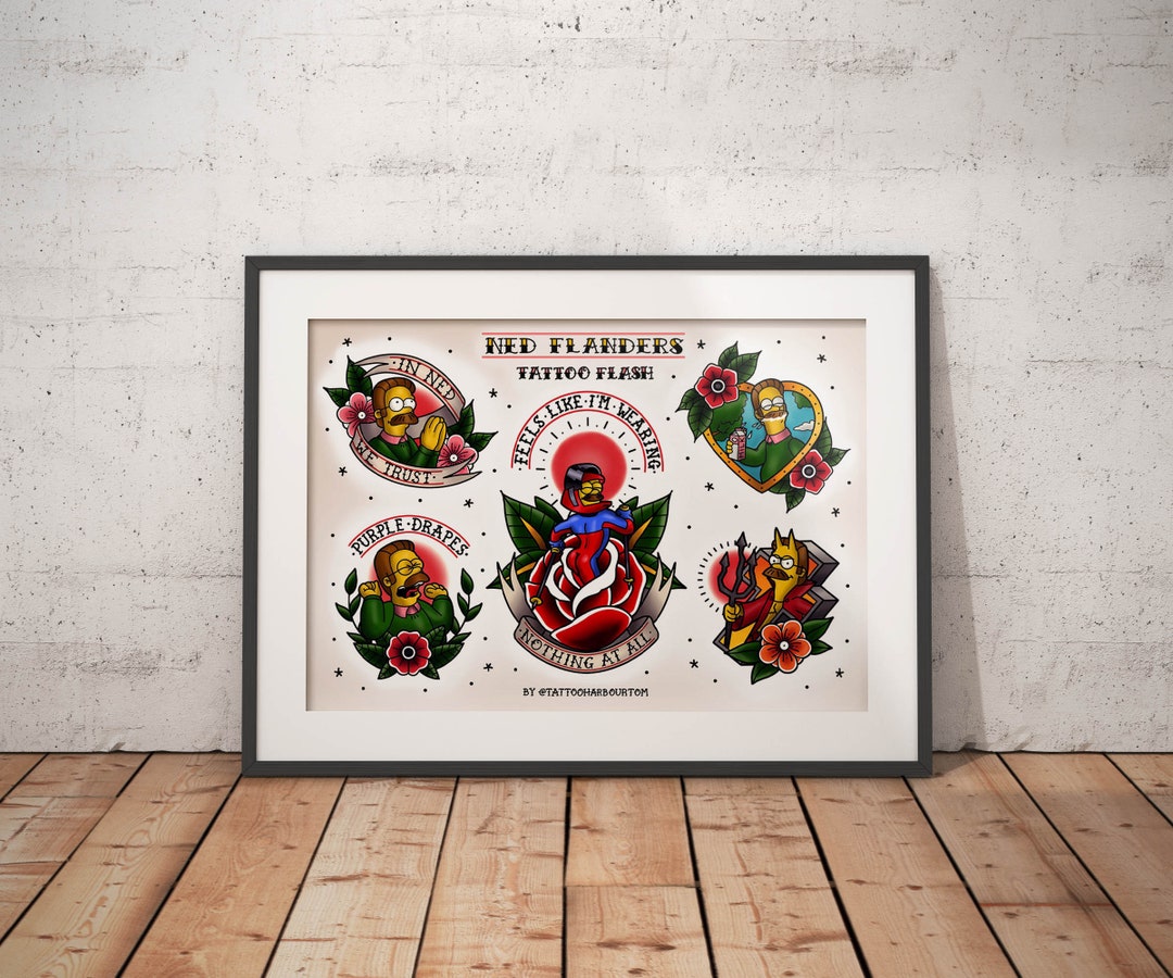 Ned Flanders Tattoo Flash Sheet - Traditional Tattoo Flash Art Print - Etsy
