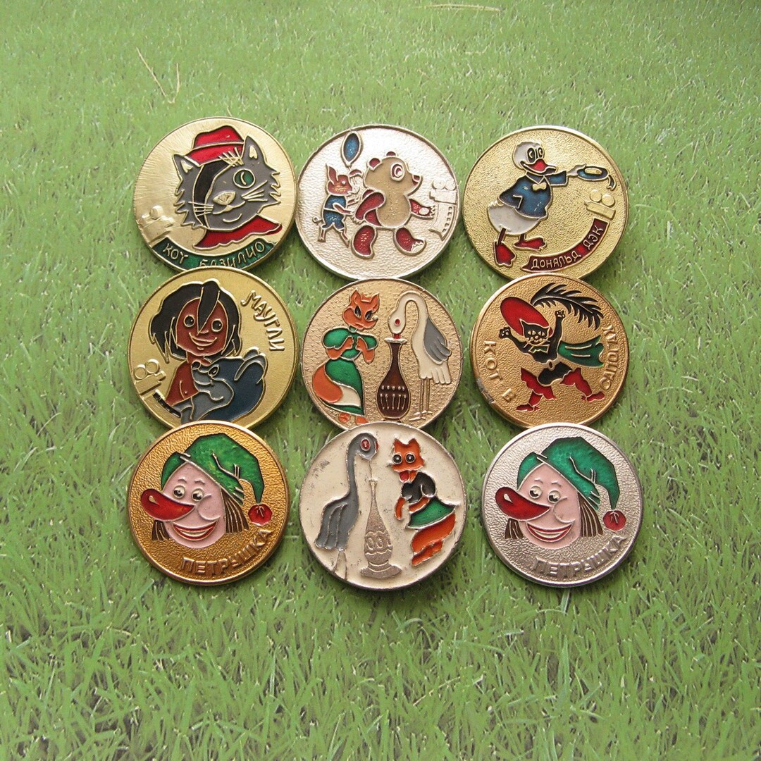 Vintage USSR Cartoon Character Pins, 1970s-80s Enamel Pinbacks, Set of ...