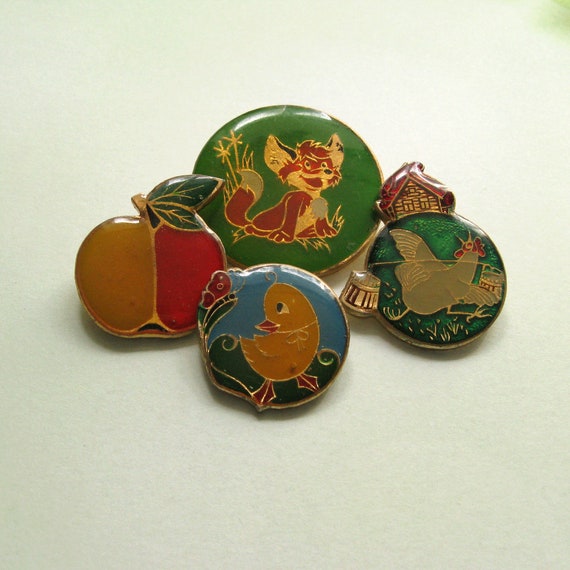 Vintage USSR Cartoon Character Pins: Fox, Cat, Chicke… - Gem