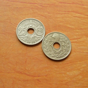 1920-1930s French Coins, 25 Centime Coin, Antique French Coins, Center ...