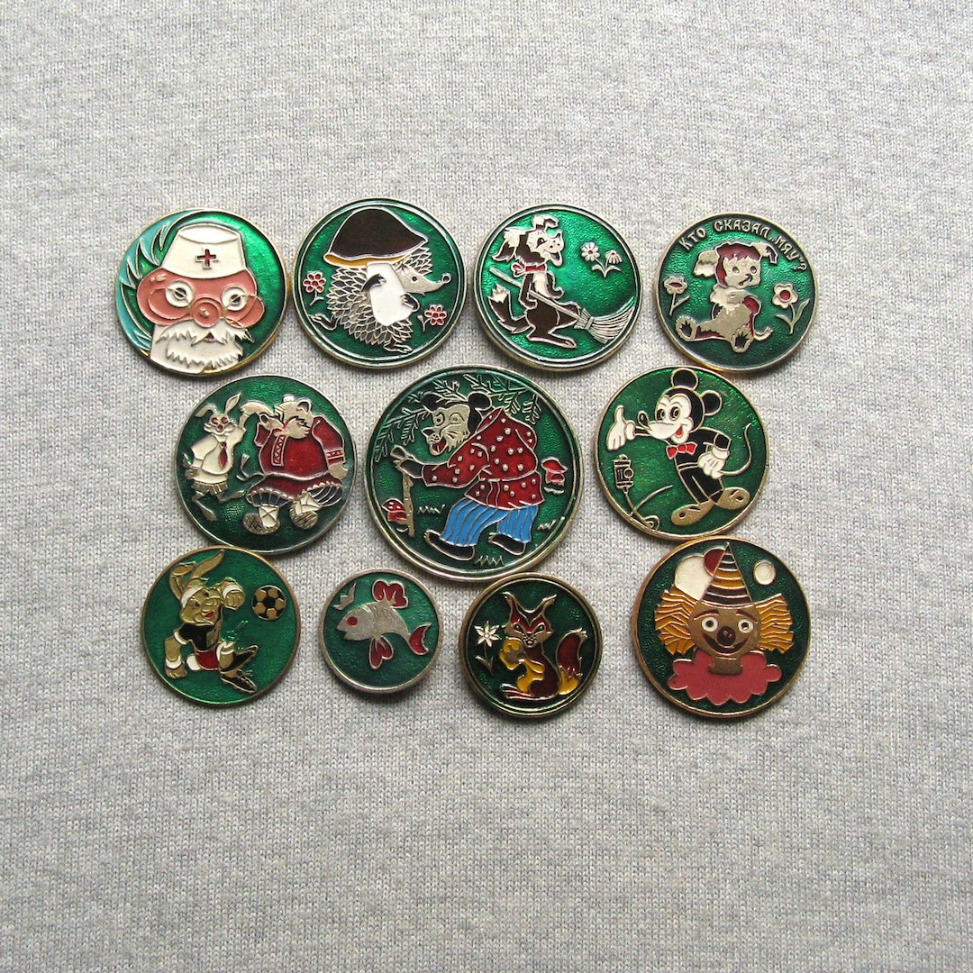 Vintage USSR Cartoon Character Pins, 70s Enamel Lapel Pins, Set of 11 ...