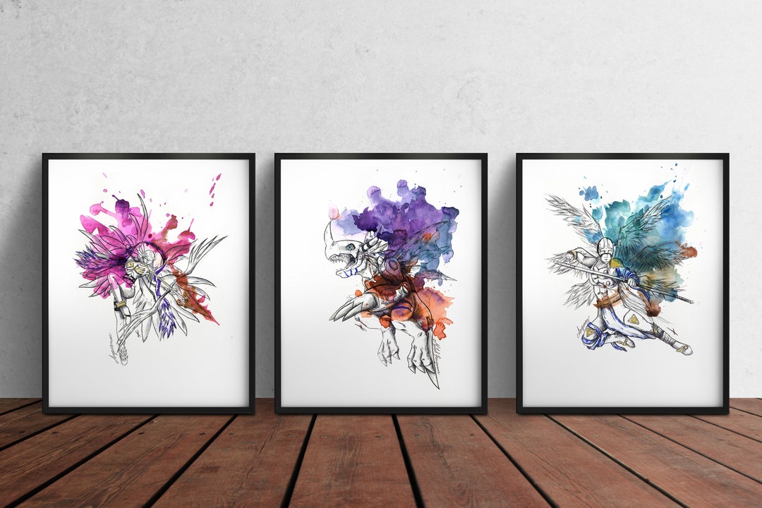 Illustration of Metalgraymon, Angewomon and Angemon. Watercolor Drawing ...