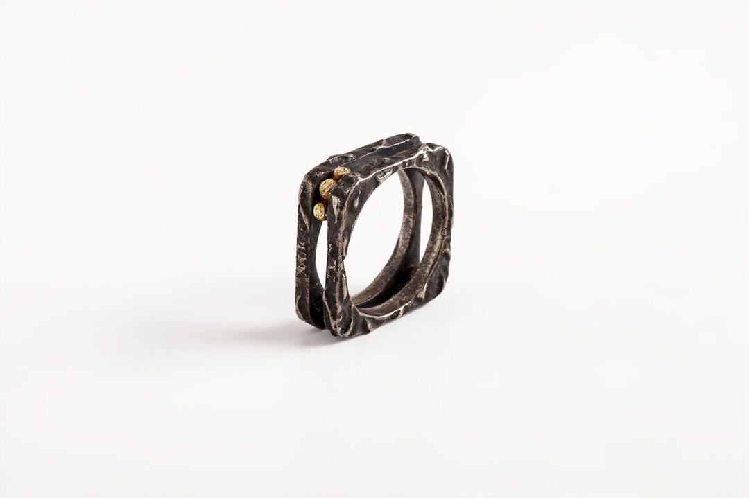 Black Square Ring, Womens Black Ring Band, Square Ring Silver and Gold ...