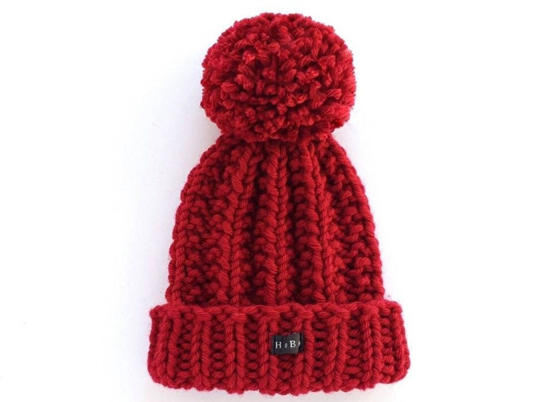 Dark Red Hobo Handmade Bobble Hat. Thick Chunky Hand Knitted Mens or ...