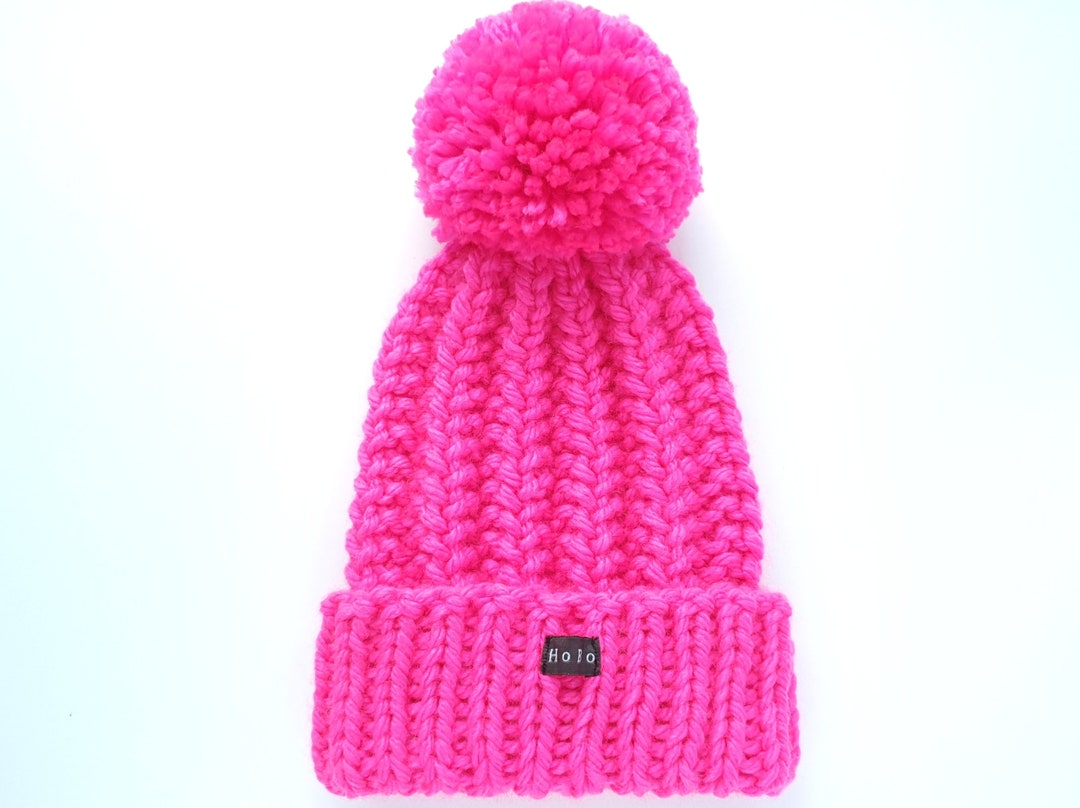 Neon Pink Bobble Hat Handmade for Women or Men. Chunky Hand Knitted ...