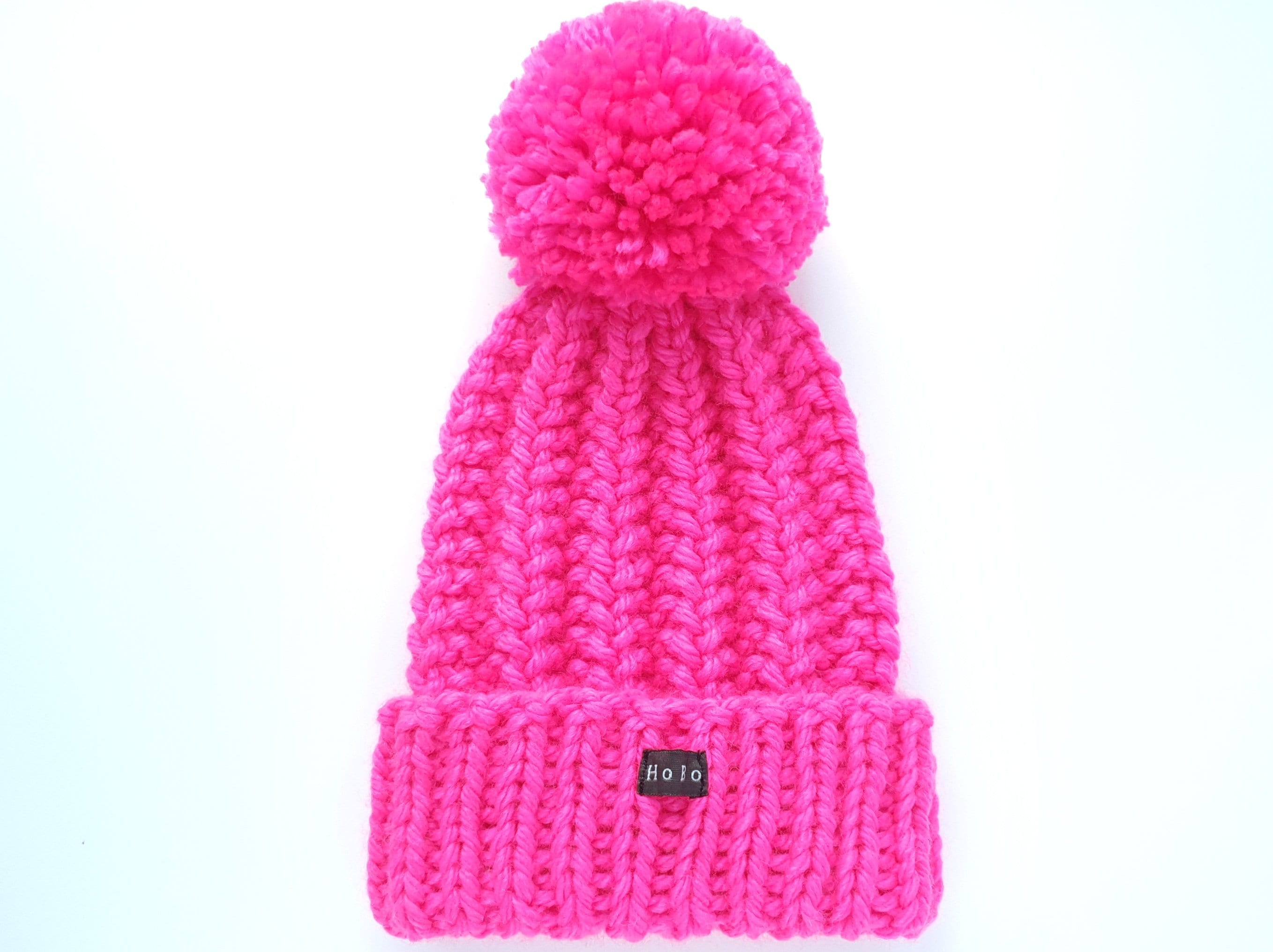 Neon Pink Bobble Hat Handmade for Women or Men. Chunky Hand Knitted ...
