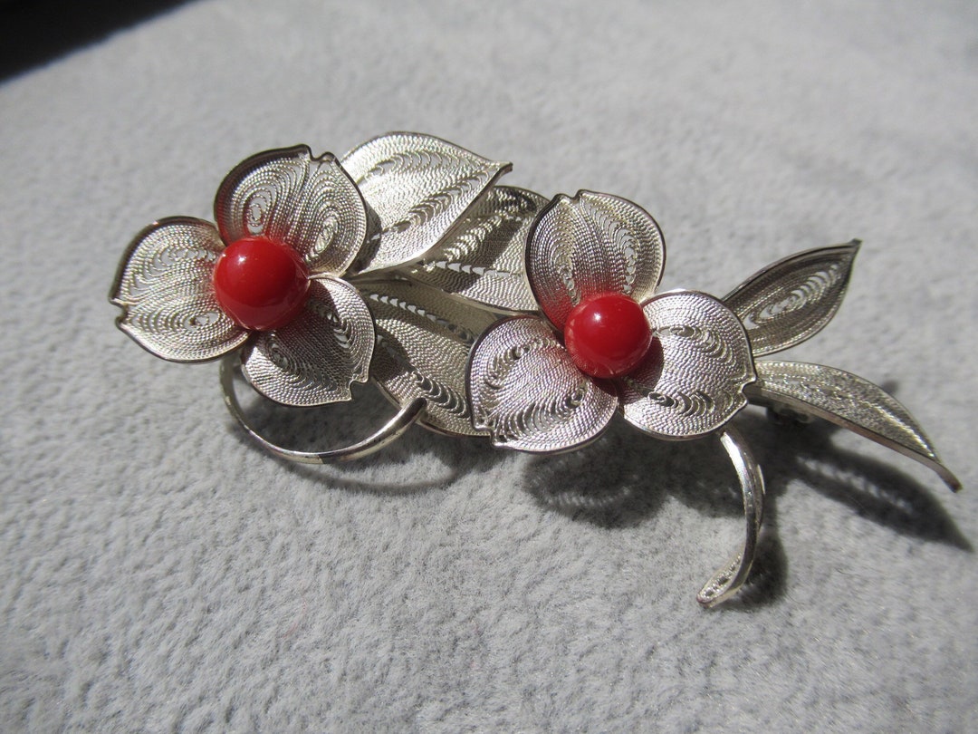 Japanese Blood Red Coral Vintage Silver Filigree Brooches - Etsy