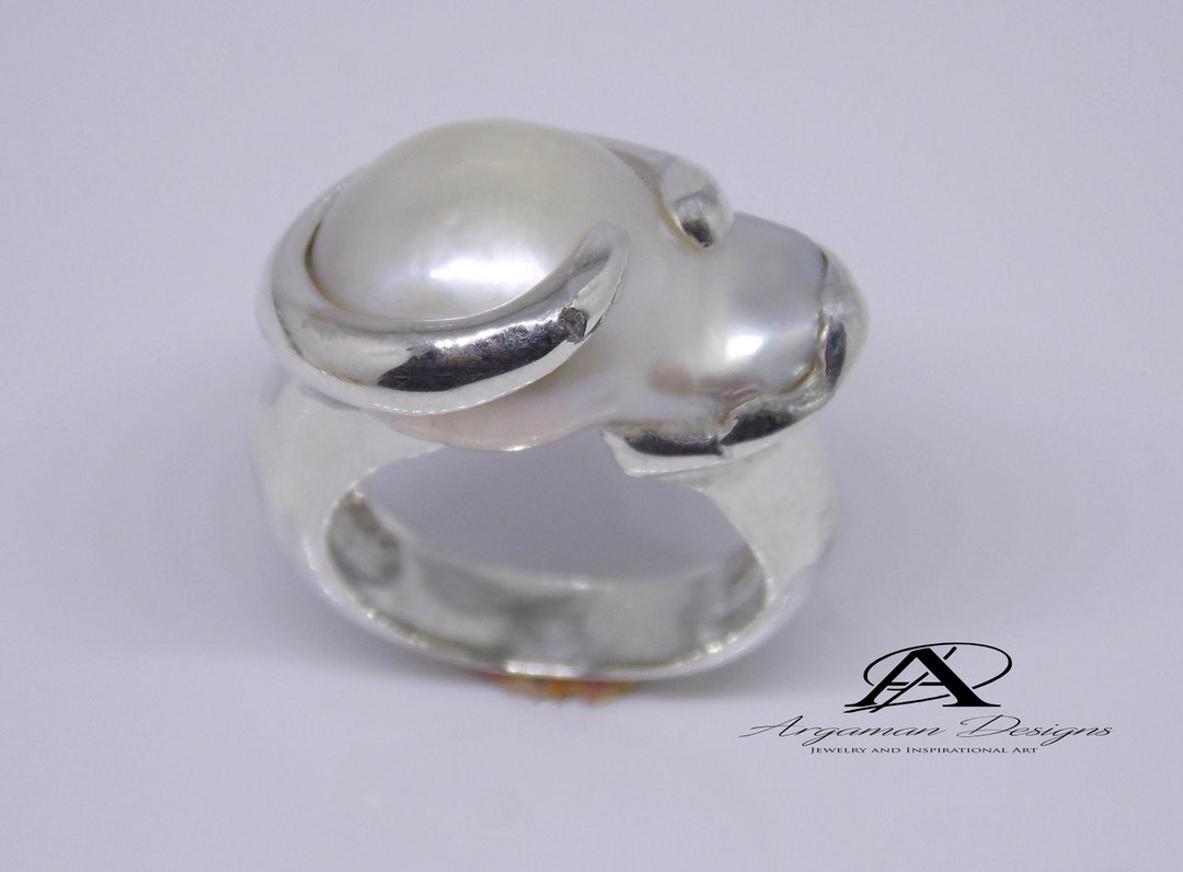 Large Pearl Engagement Ring, Stackable Pearl Ring , Large Bridal Ring ...