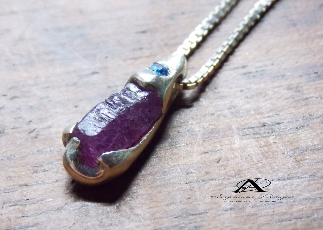 Natural Raw Ruby Pendant Necklace With a Very Rare Blue Natural Spinel ...