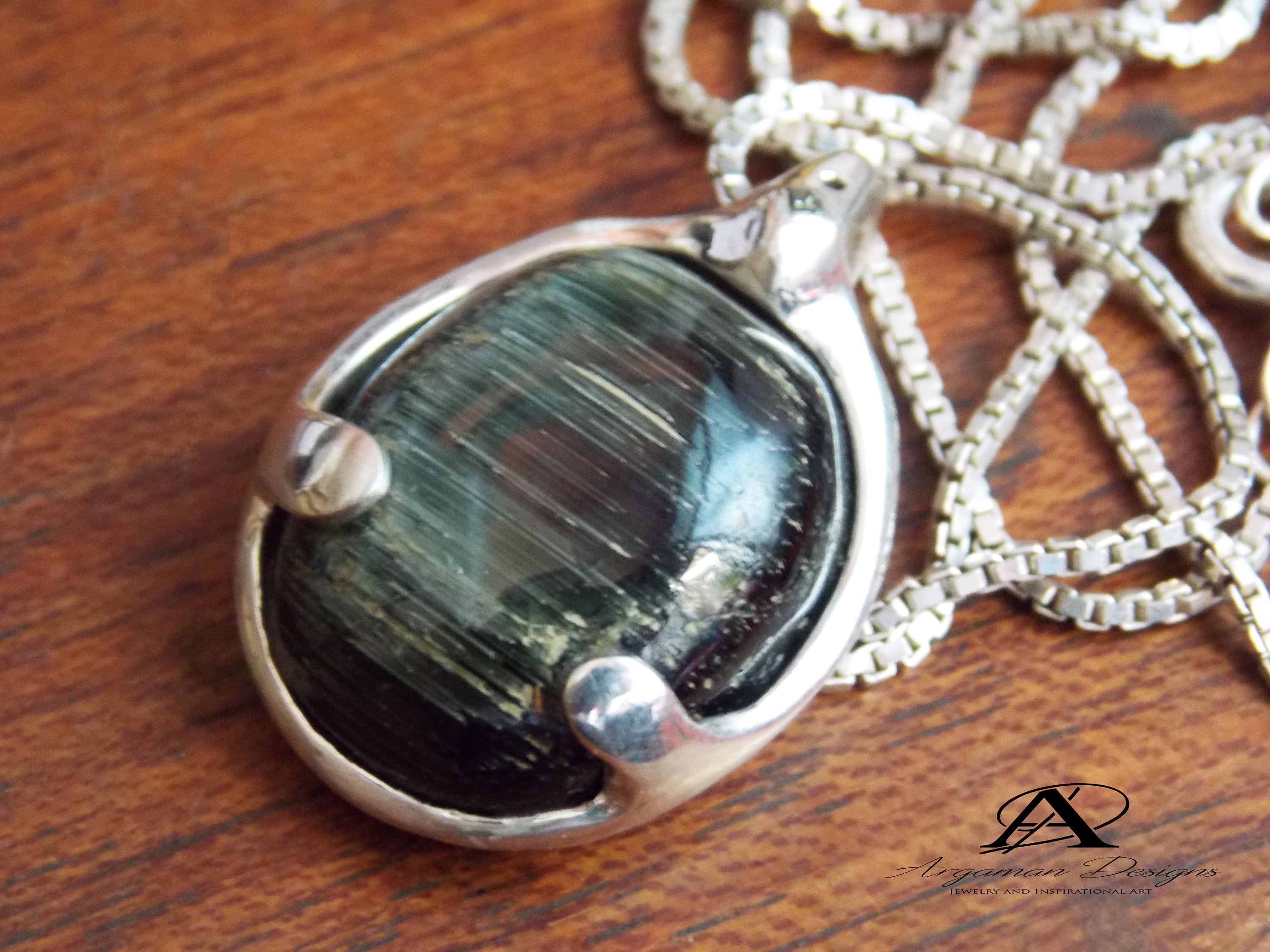 Tourmaline Cat Eye Pendant, Sterling Silver, Green Diamond Accent - Etsy