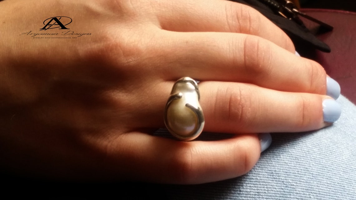 Large Pearl Engagement Ring Stackable Pearl Ring Large - Etsy