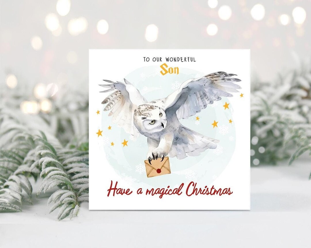 Magical Owl Christmas Card Wizard Magic Snowy Owl Wizard Post Merry ...