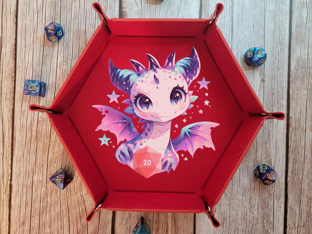 Foldable Hexagon Velvet Dice Tray: Cute Dragon Holding Red D20 RPG, Dnd ...