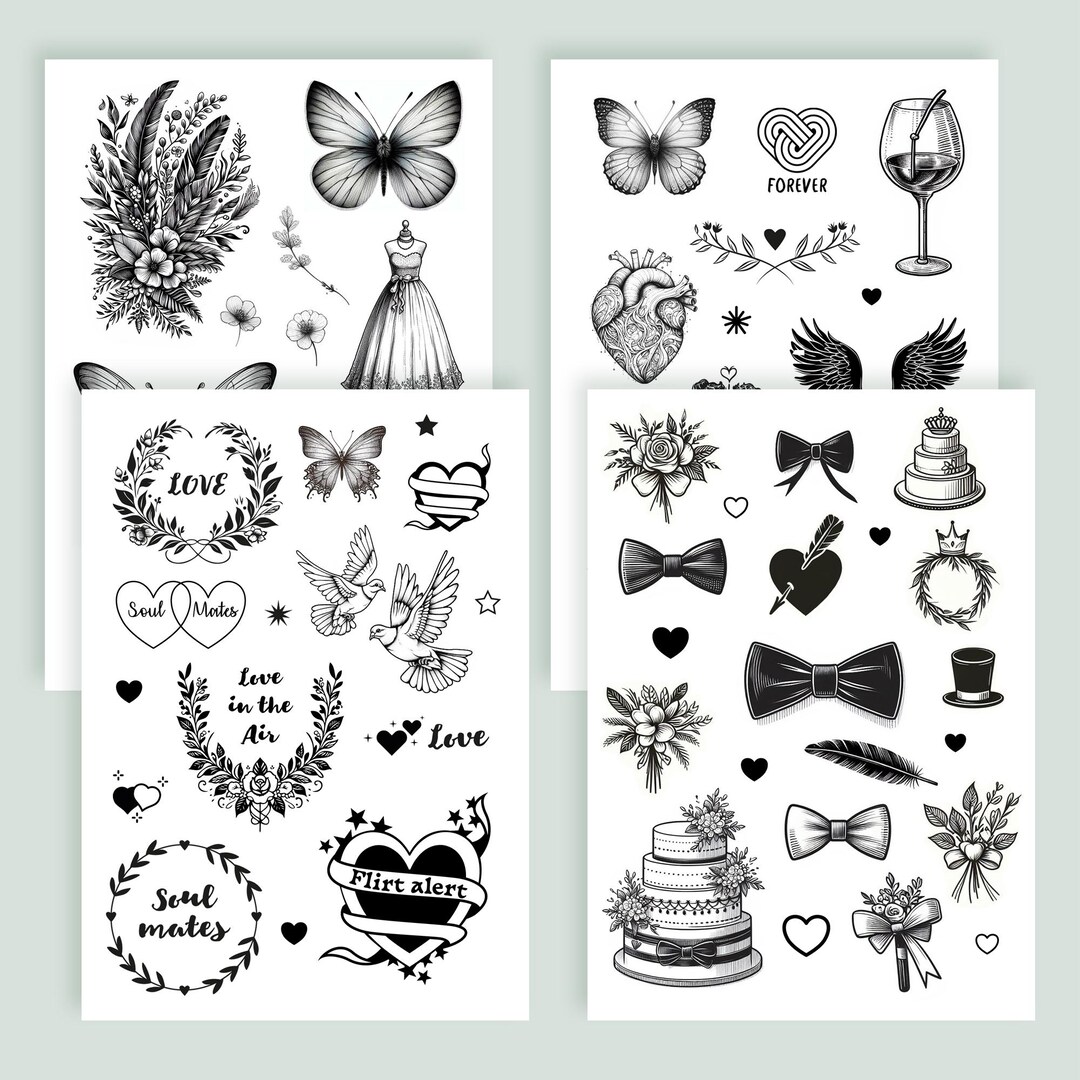 Wedding Temporary Tattoos Pack - Romantic Hearts Butterflies Love ...