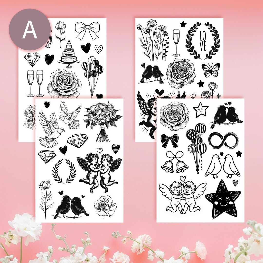 Wedding Temporary Tattoos: Rose, Bouquet, Hearts - Set of 4 A6 Sheets ...