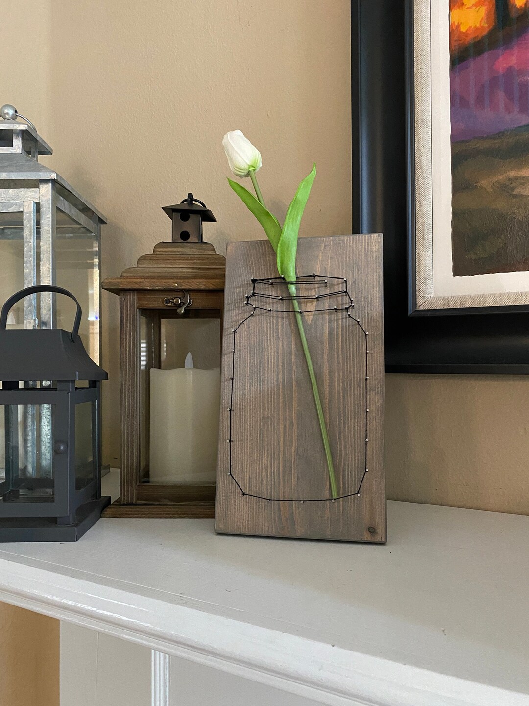 Mason Jar String Art Flower Vase, Gray Wood Wall Hanging (faux Tulip ...