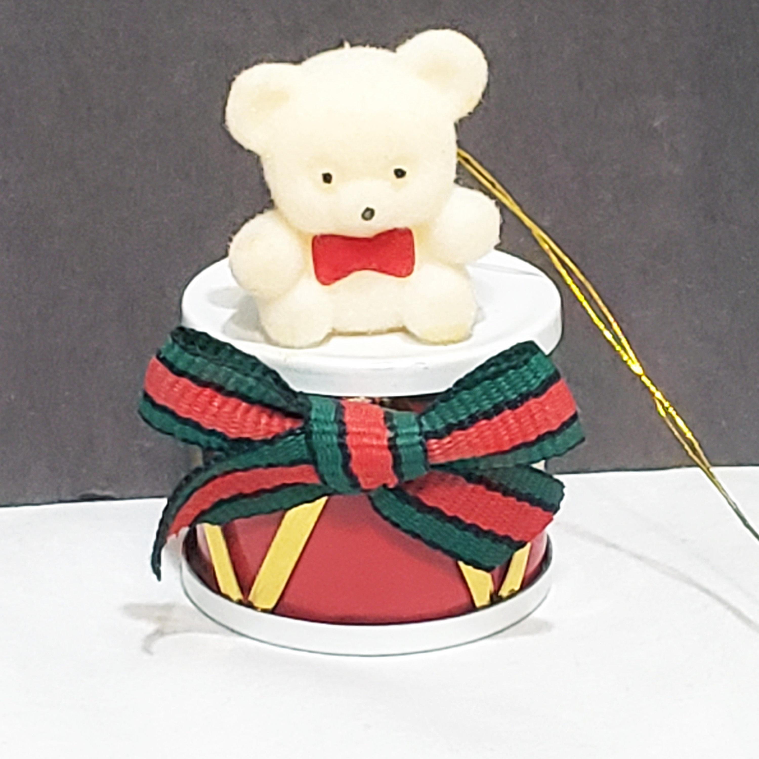 Fuzzy Teddy Bear Sitting on Drum Christmas Ornament 2 White Red Green ...